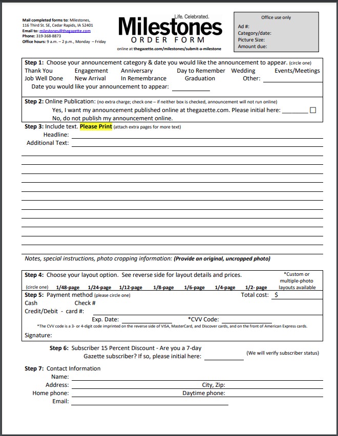 Submit a Milestone | The Gazette